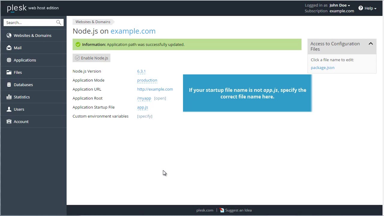 nodejs application en plesk