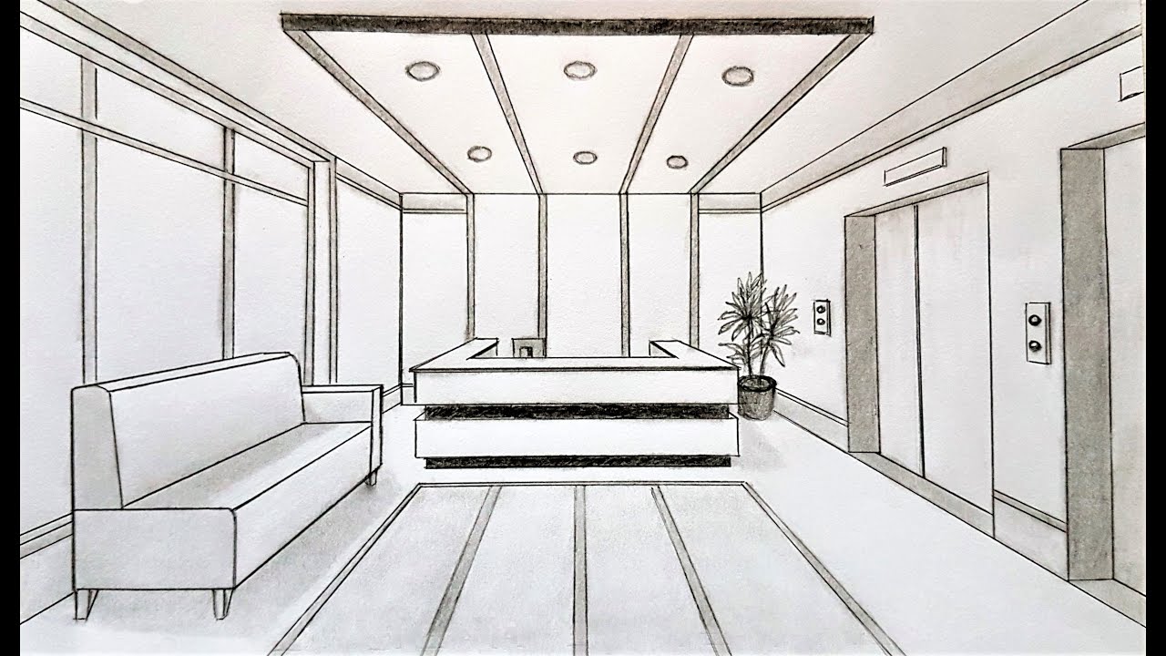 How to draw in one point perspective a reception room