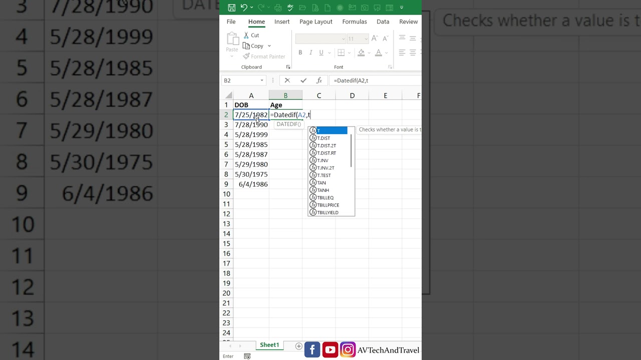 Age calculator in Excel #avtechandtravel #shortvideo #shortviral #shorts