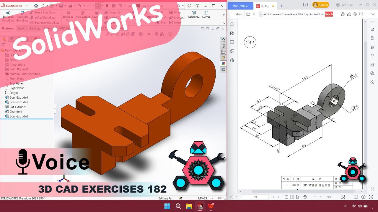 SolidWorks | 3D CAD EXERCISES 182 | StudyCadCam | Solution Tutorial |