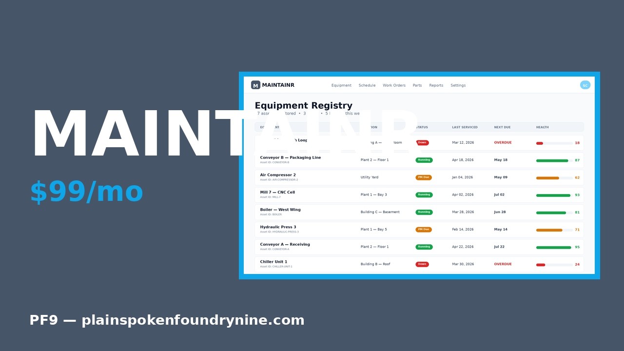 MAINTAINR: Equipment Maintenance Management | PM Schedules, Work Orders, Parts Inventory