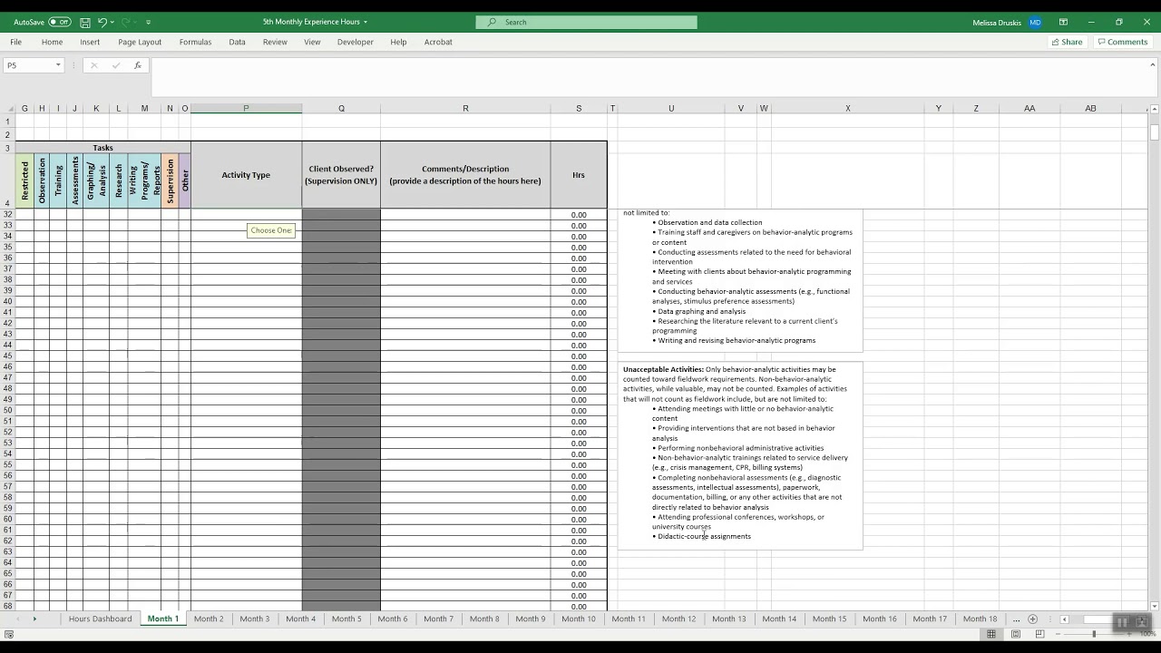 BACB 5th Edition Monthly Hour Tracker