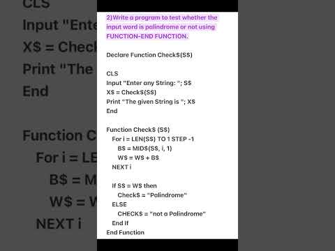 QBasic Program to Reverse a String and Check for Palindrome | FUNCTION…END FUNCTION Examples #qbasic