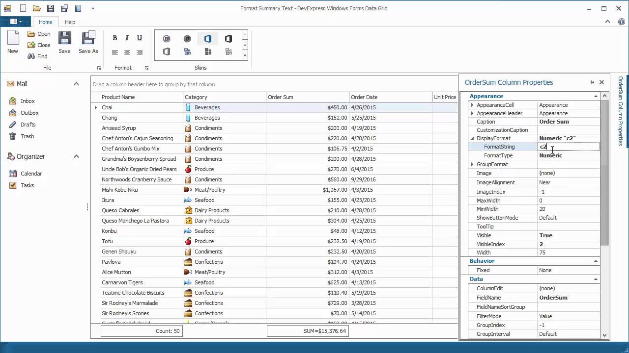 DevExpress WinForms Grid: Format Summary Text