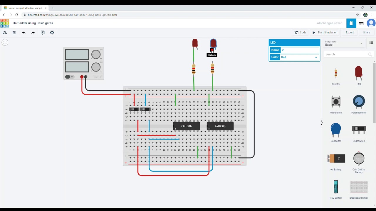 How to make  a Half-Adder circuit using basic gates (TinkerCad)