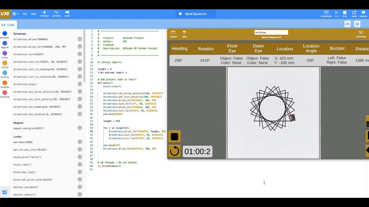 Spiral Square (Python VEXCodeVR)