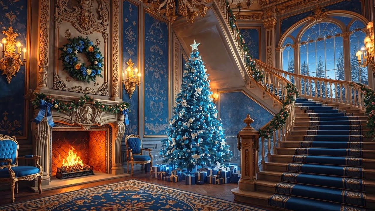 Vintage Blue Christmas Ambience 🩵🎄❄️ Cozy Fireplace Sounds & Relaxing Music