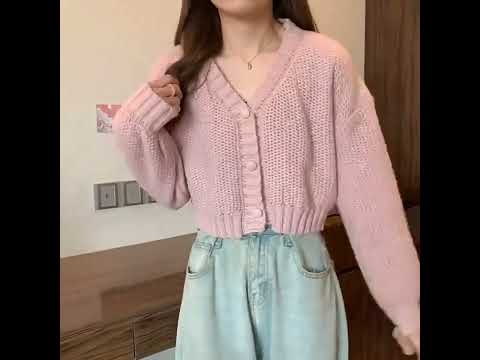 Y2K Knitted Cropped Cardigan Sweater Women Korean Short Long Sleeve Crop Tops Woman Solid Color