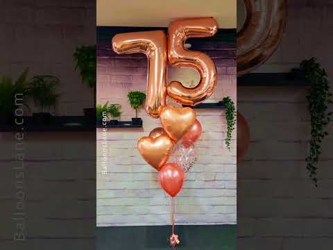 Chrome Rose Gold Balloons | Mylar big number balloon column with confetti & rose gold Hear Balloons