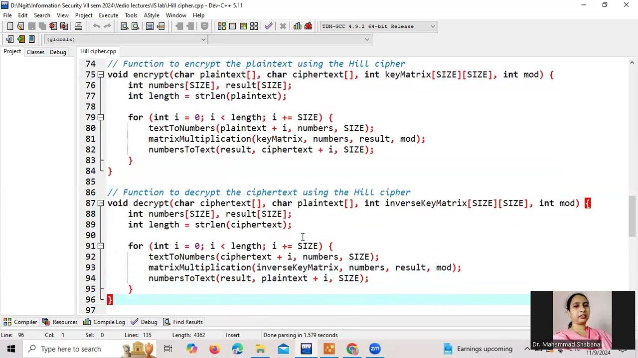 6 Hill cipher  'c' implementation