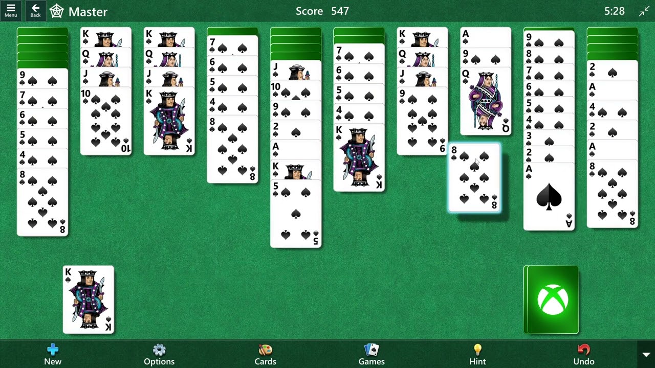 Solitaire Spider (1 Suit) Master Difficulty Game Win