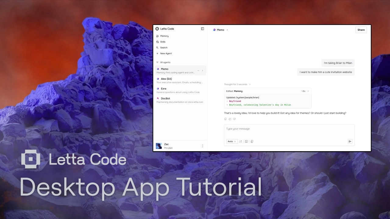 Working with Agents that Build Memory (Letta Code desktop app)