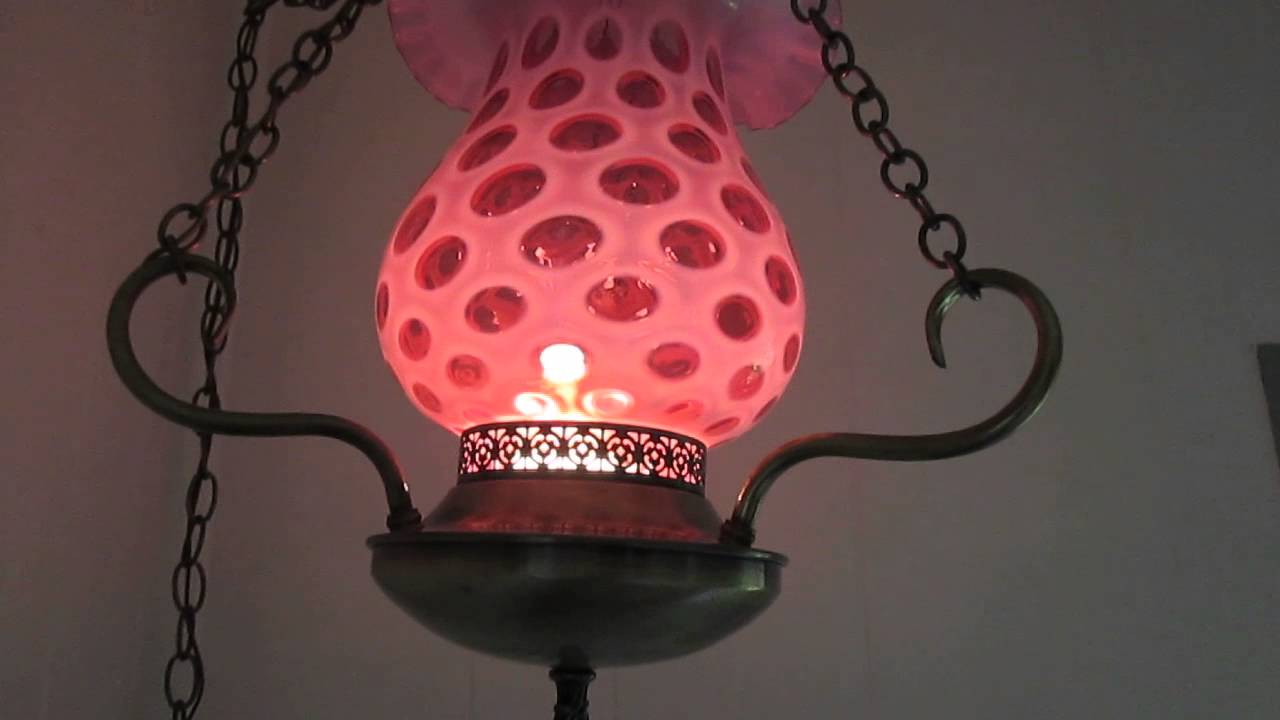 Hanging Fenton Cranberry Coin Dot Lamp / Chandelier 1940's