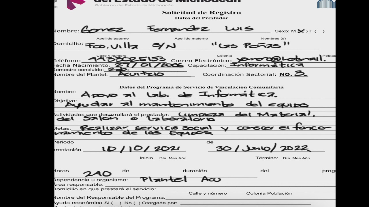 Solicitud de registro de Servicio Social