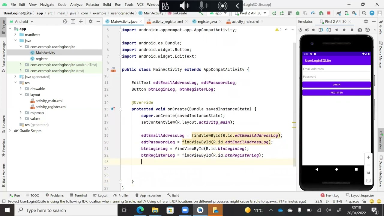 Java SQLite Register and Login   Part 2   Using FindViewByID and Intents