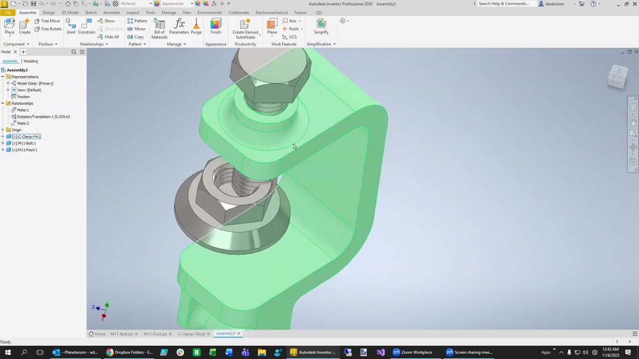 ENGR 2310 - C-Clamp Assembly and Animation - Autodesk Inventor