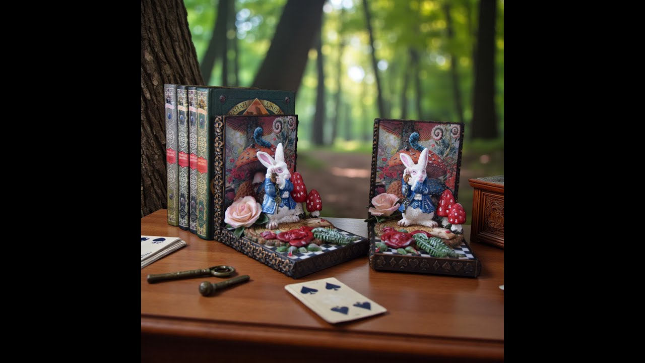 Alice in Wonderland Bookends: Handmade Oak White Rabbit Decor