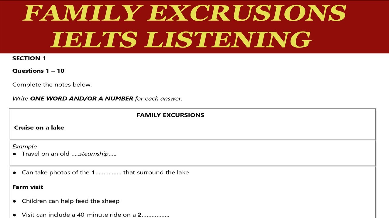 FAMILY EXCRUSIONS CAMBRIDGE ENGLISH 12 TEST 5 || IELTS LISTENING || IELTS ACTUAL TEST || CRACK IELTS