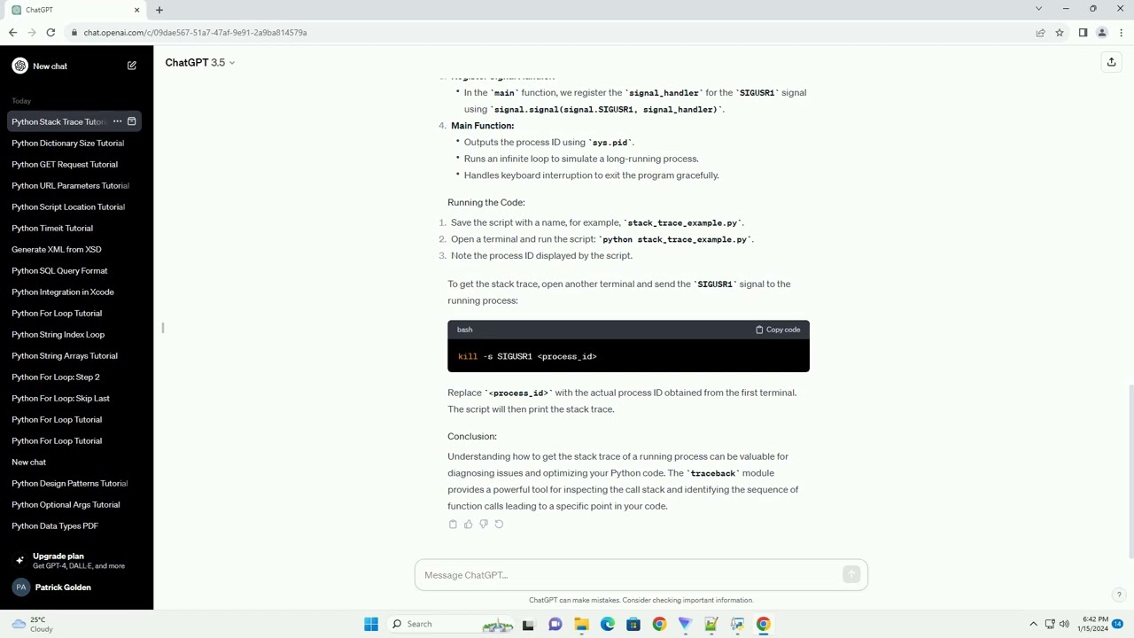 python get stack trace of running process