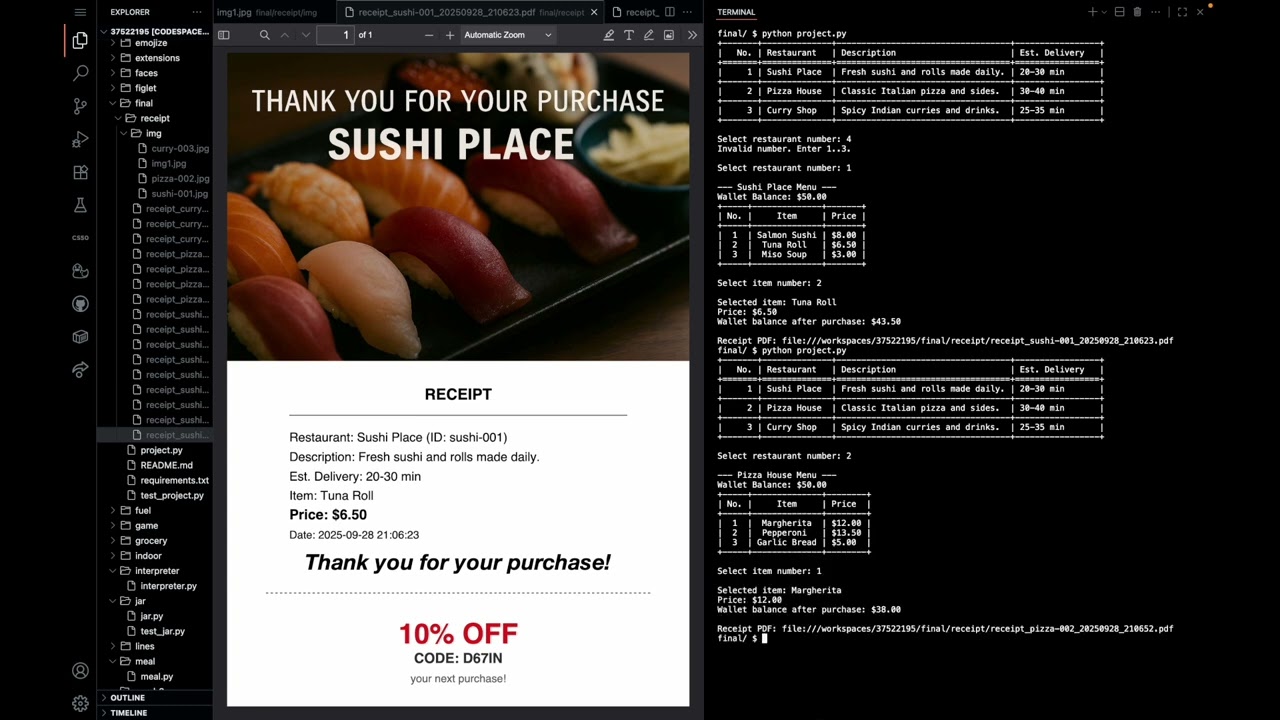 CS50 Python: Restaurant Food Ordering System with PDF Receipts