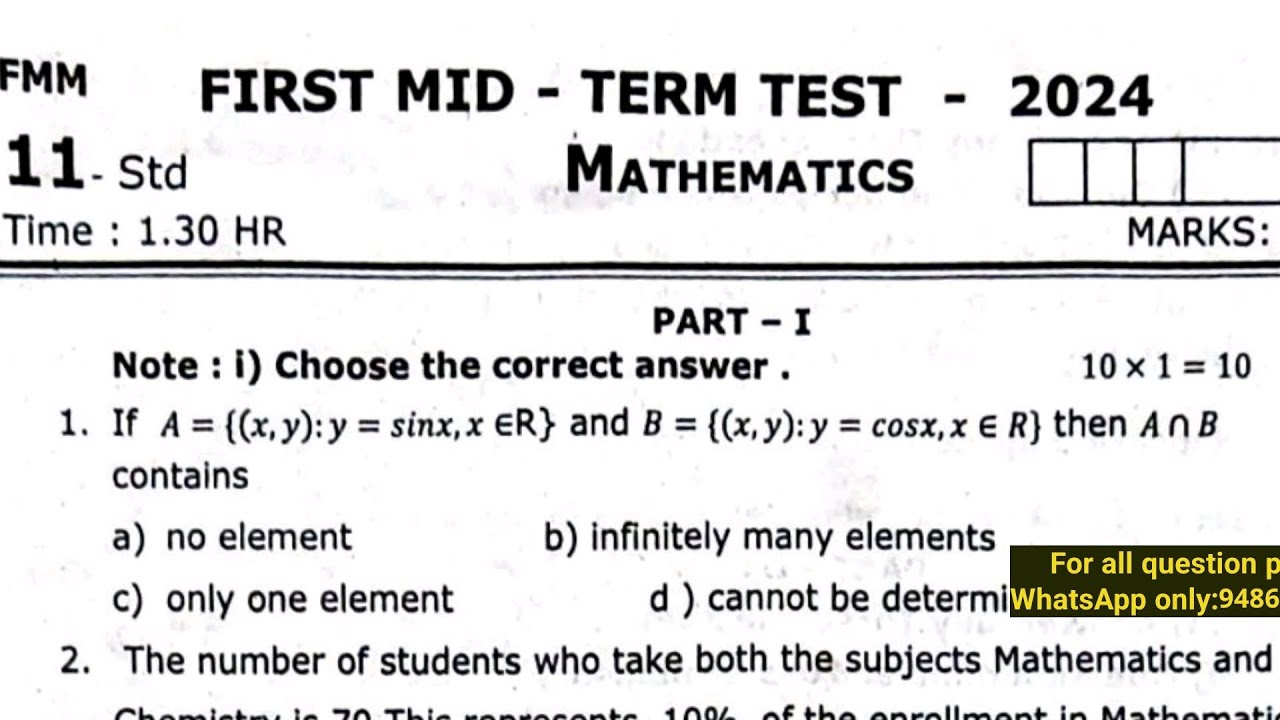 11th maths 1st midterm test 2024 original question paper madurai dt English medium