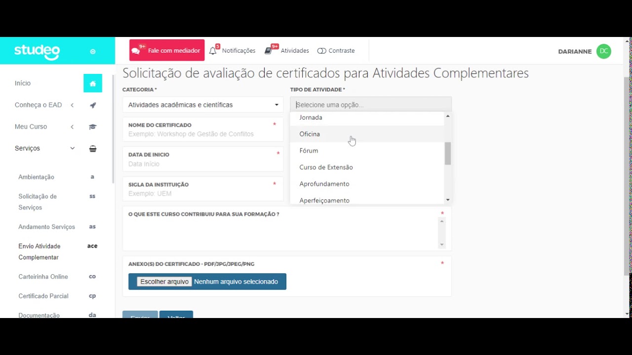 ENVIO DE CERTIFICADO PARA ATIVIDADE COMPLEMENTAR - PLATAFORMA STUDEO