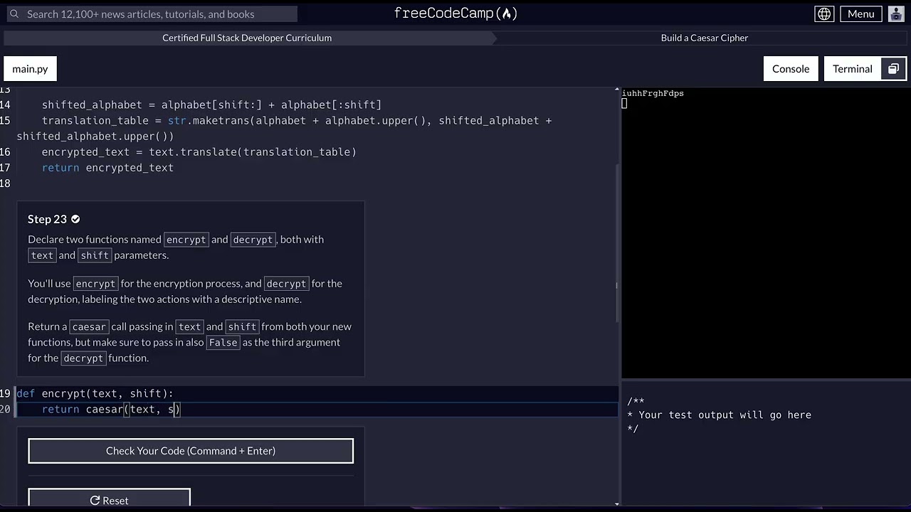 FreeCodeCamp - Python Project - Step 23 of 25 - Caesar Cipher