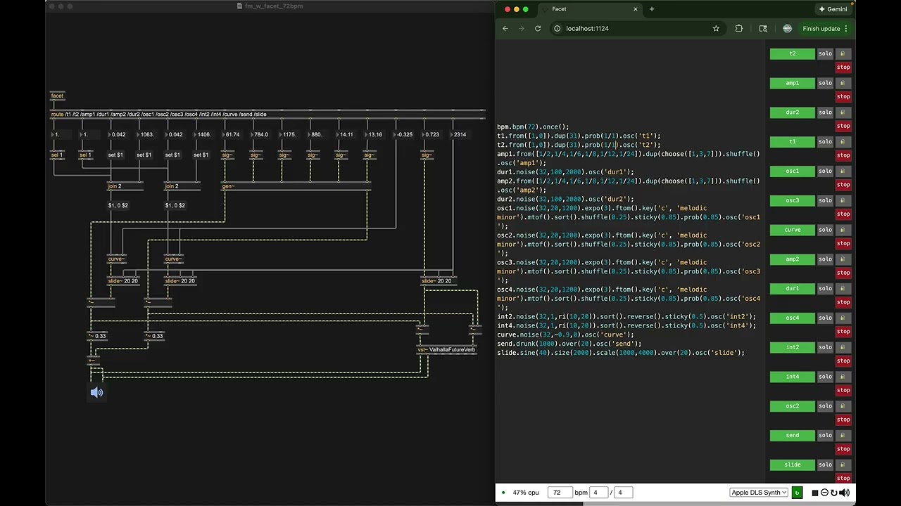 Live-coded FM synthesis patch in Max MSP