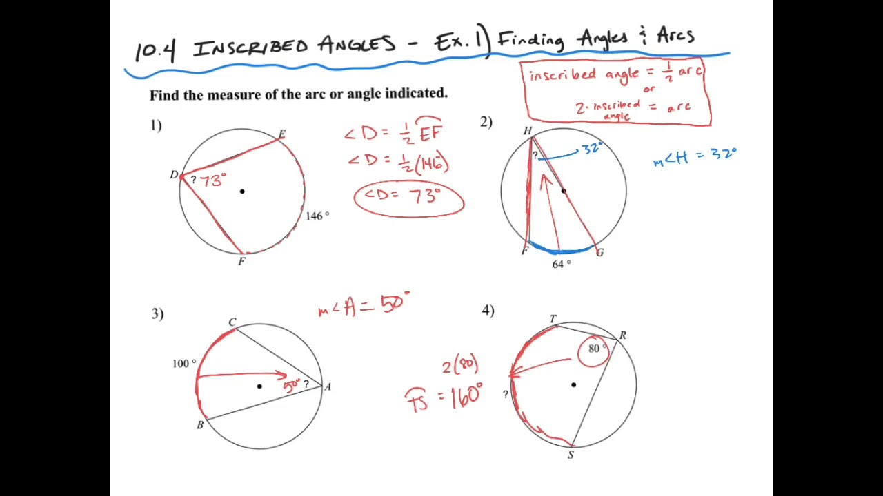 10-4 inscribed angles example 1 - finding angles and arcs