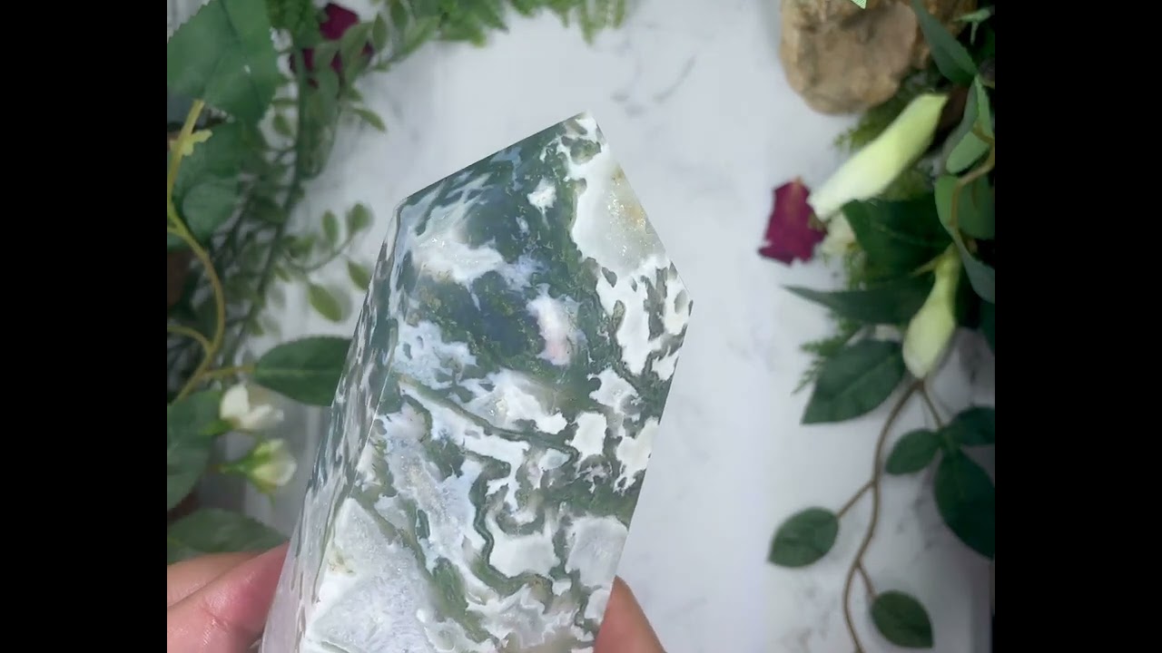 LARGE Moss Agate Tower - Crystal Generator