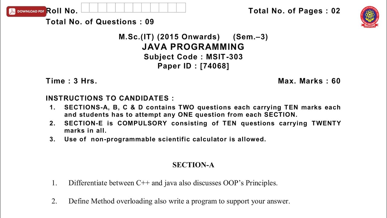 MSC IT 3RD SEM JAVA PROGRAMMING DEC 2018 | PTU