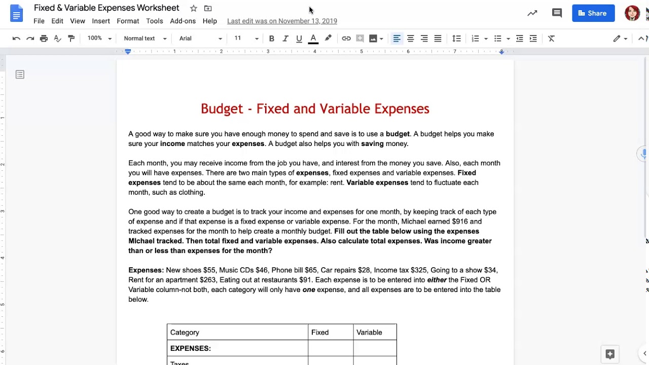 U8 - Fixed & Variable Expenses Worksheet Explanation