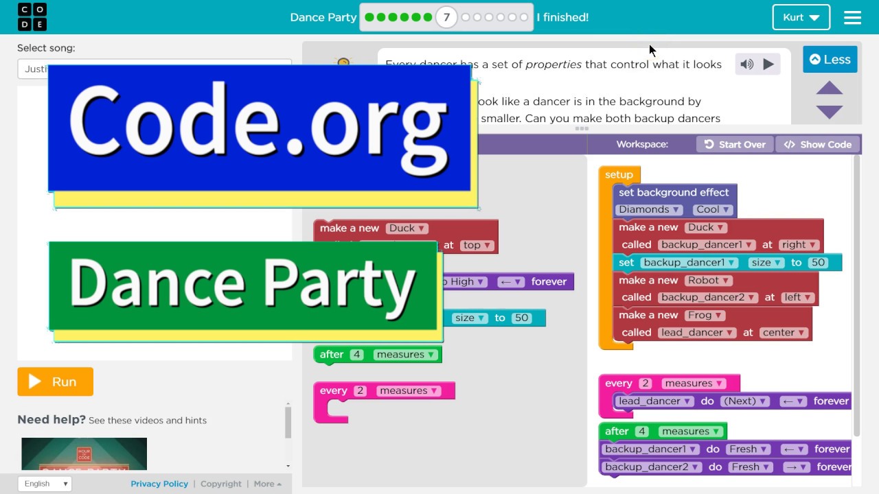 Dance Party Puzzle 7 - Code.org Tutorial with Answers