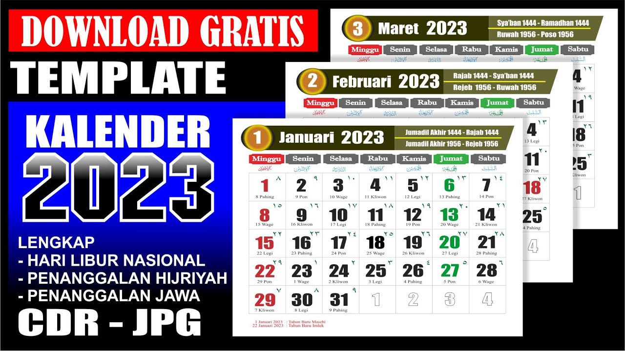 Kalender 2023 Lengkap dengan tanggal merah Masehi, Hijriyah, Jawa - Download format CDR - Template
