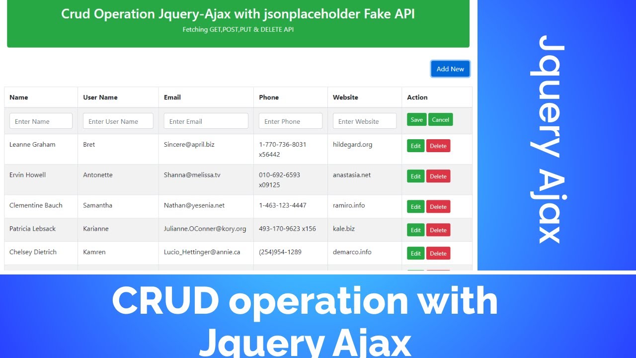 Crud Operation with inline Editing jQuery Ajax  | jQuery tutorial | jQuery tutorial for beginners