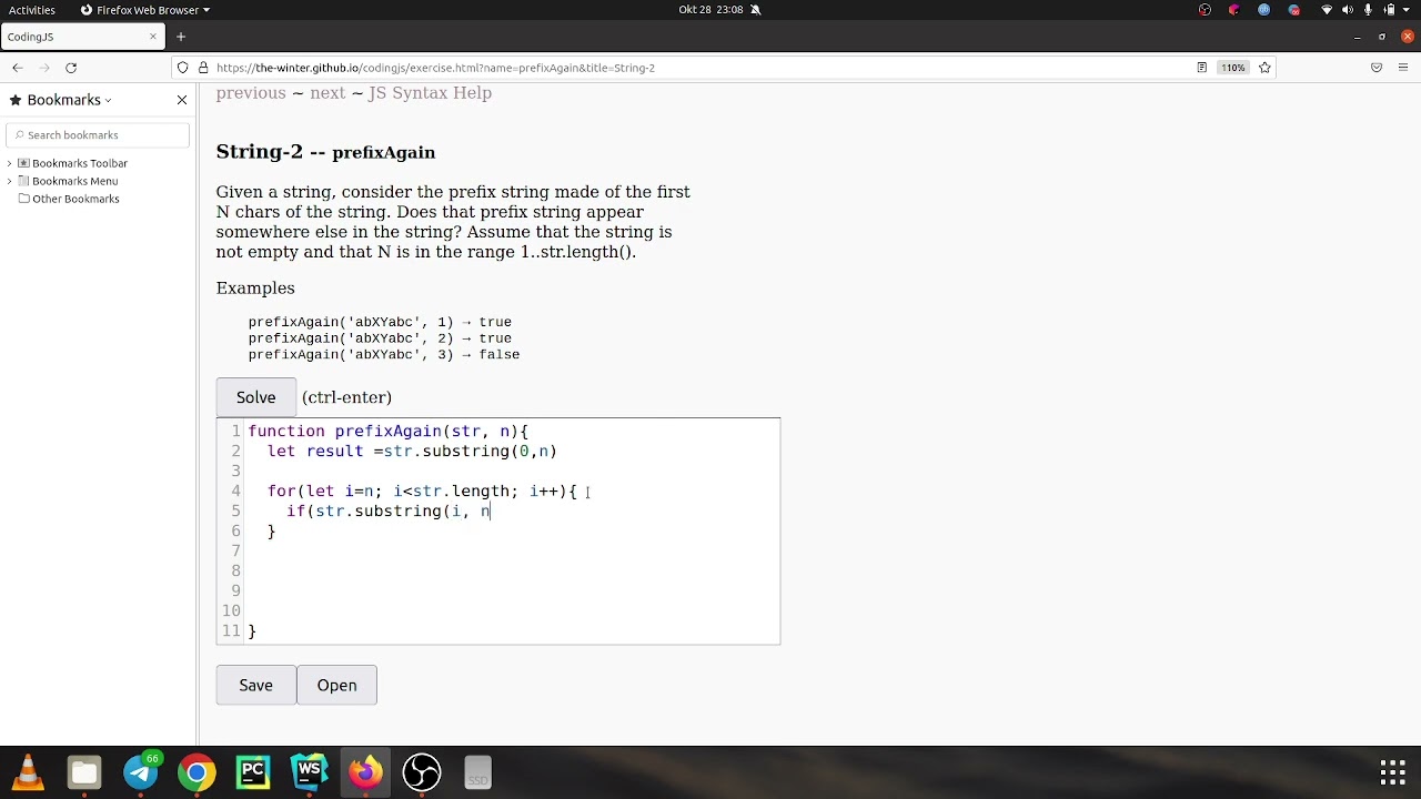 CodingJS (CodingBat)  String-2 --prefixAgain  Javascript solution