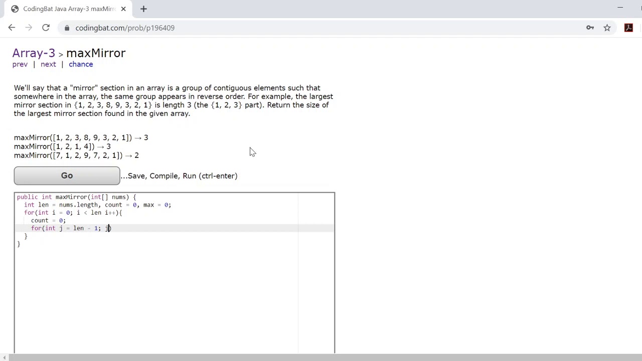 Array-3 (maxMirror) Java Tutorial || codingbat.com