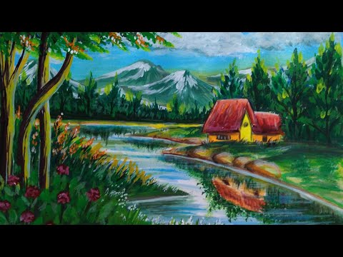 simple scenery drawing, mountain river landscape.