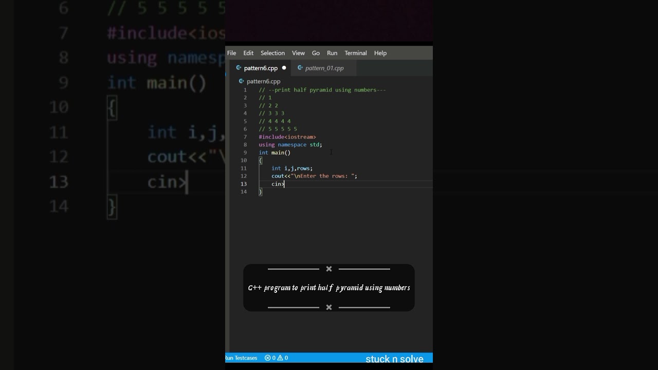 C++ program to print half pyramid using numbers| star pattern| #shorts #cpp #code