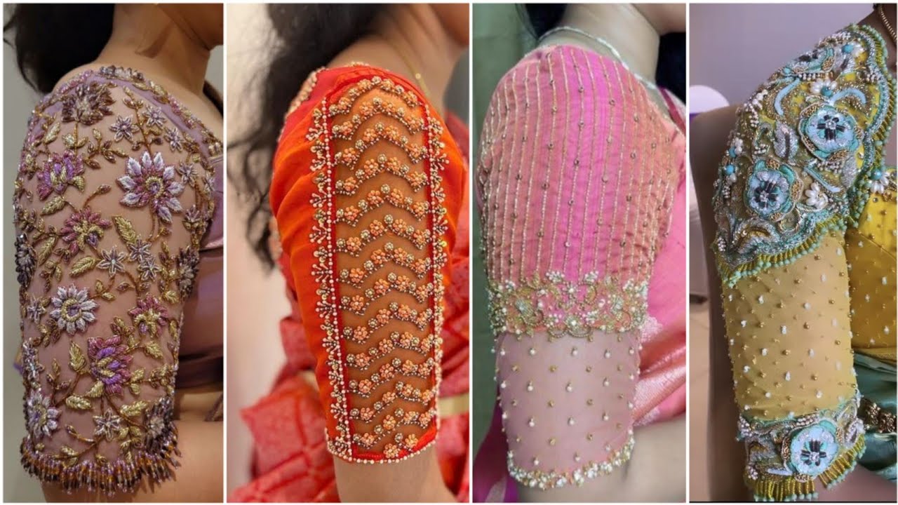 Net sleeve work blouse design #blousedesigns #netblouse #netsleeve #aariwork #maggamwork #handwork