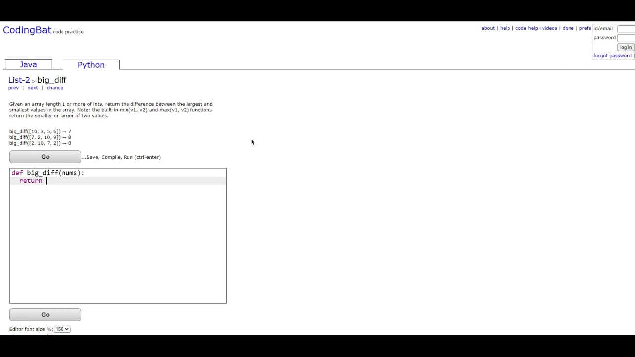 List-2 (big_diff) Python Tutorial || Codingbat.com
