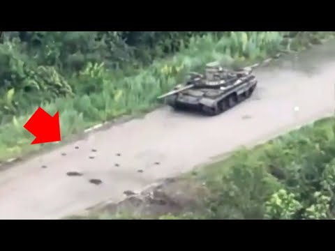 Russian T-62M Tank Runs Over Very Clear Anti Tank Mine Line
