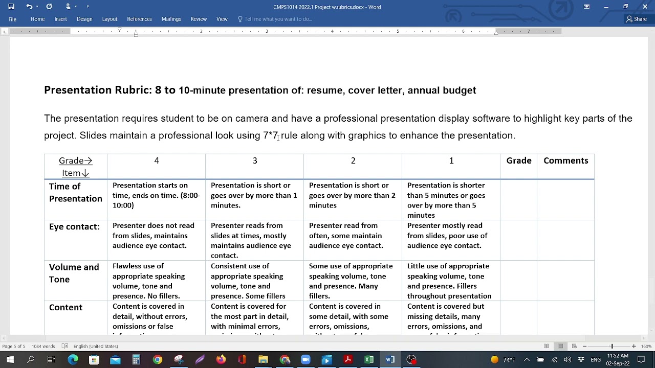1014 Presentation Rubric