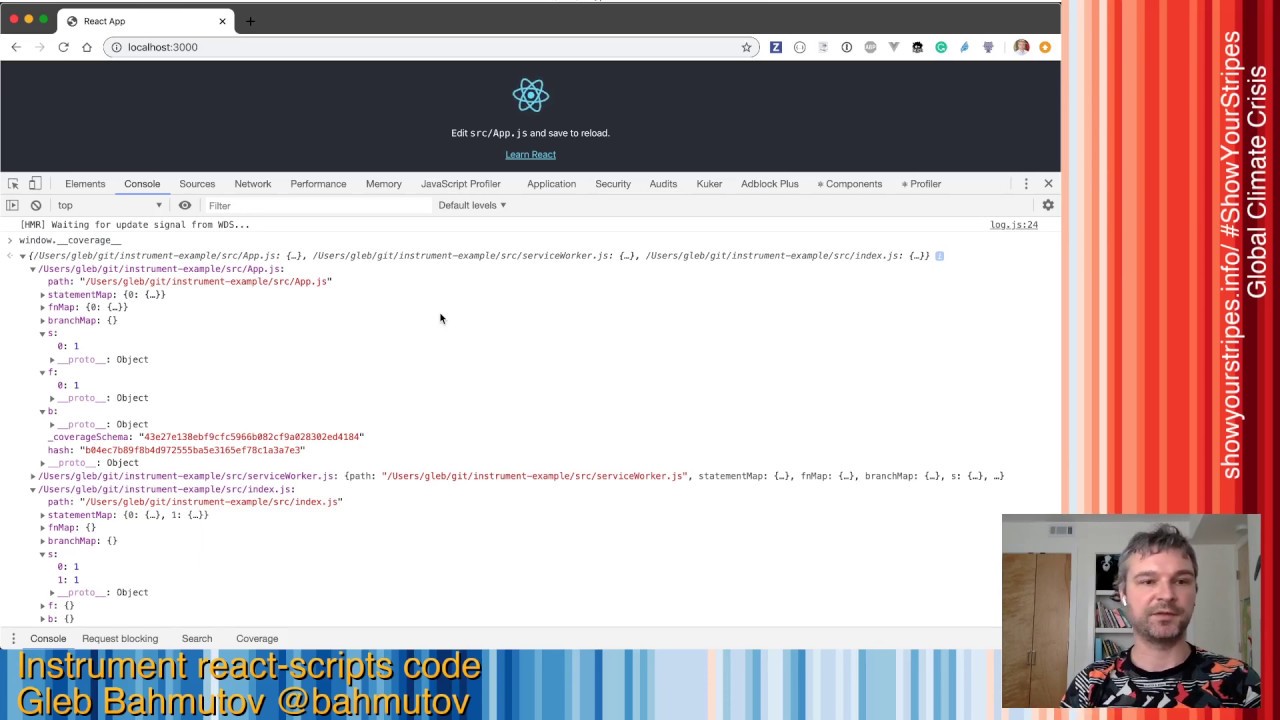 How to instrument react-scripts web application for code coverage