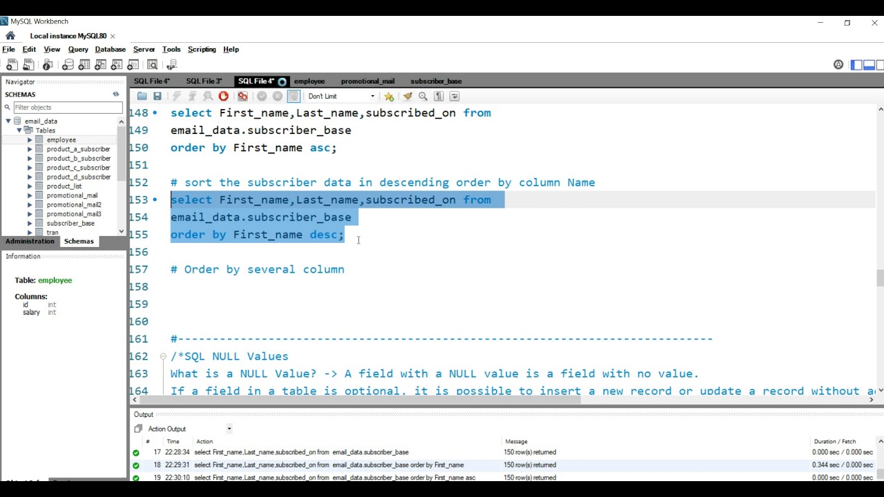 Sort SQL data in Ascending and descending with single column or multiple columns using ORDER BY