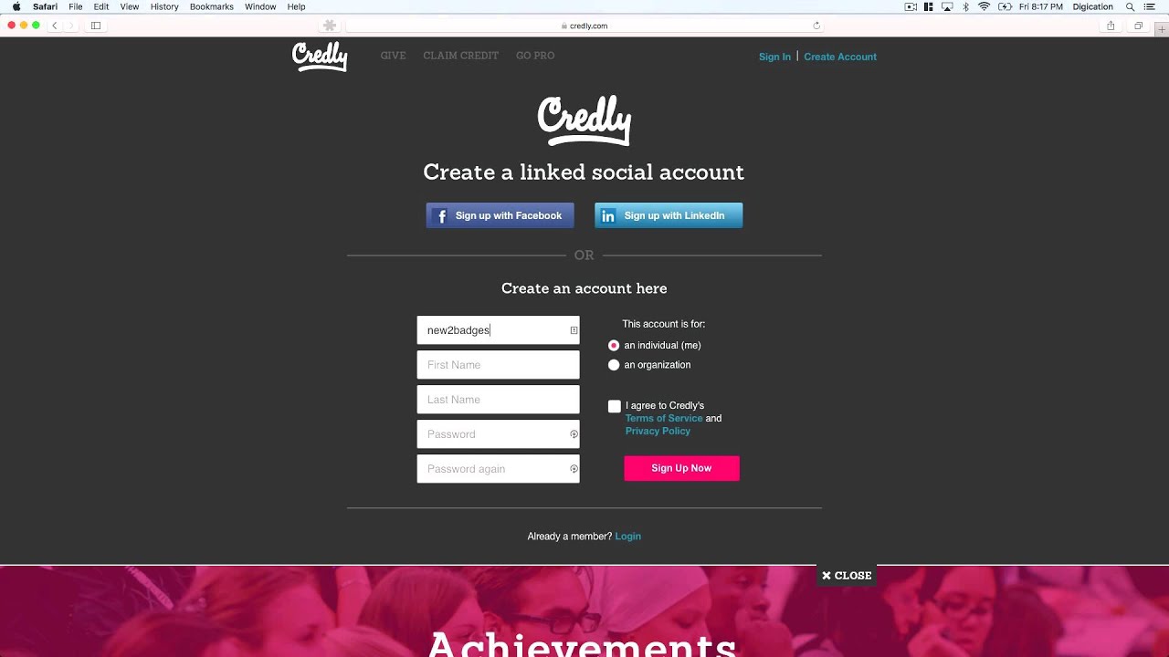 Signing Up for Credly