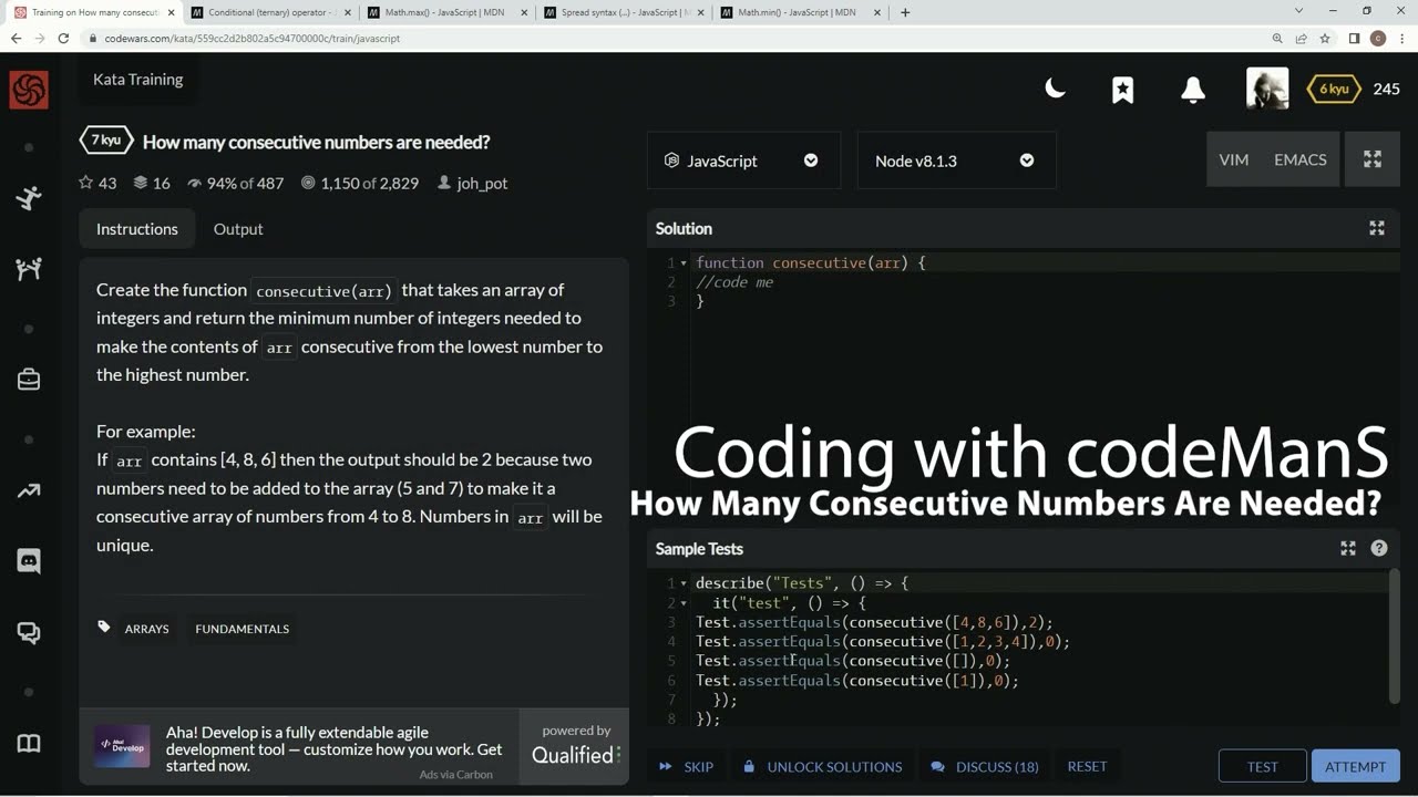 Codewars 7 kyu How Many Consecutive Numbers Are Needed? JavaScript