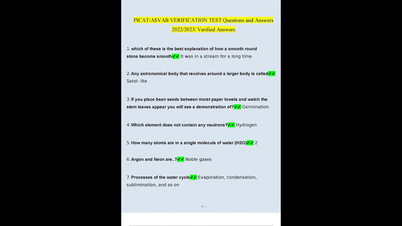 PICATASVAB TEST VERIFICATION QUESTIONS AND ANSWERS 20222023 100 CORRECT VERIFIED ANSWERS