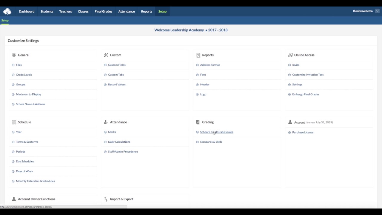 ThinkWave School Admin Software, Setup | Grading Options Tab