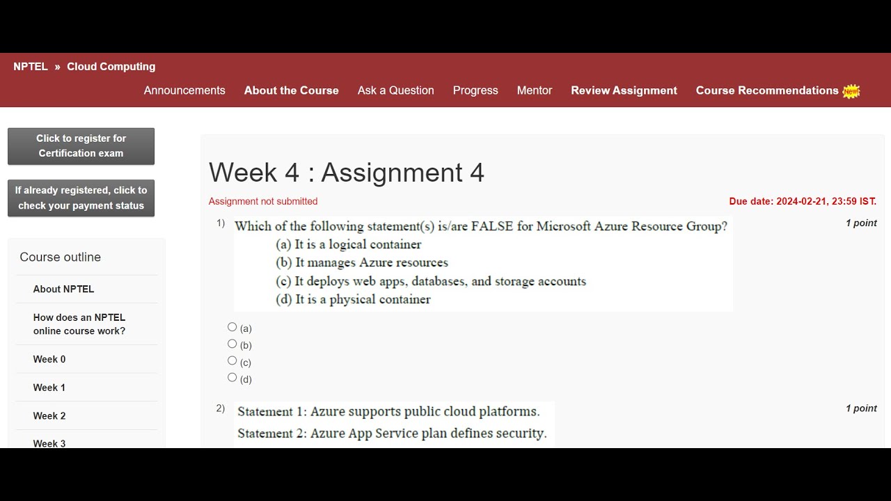 NPTEL Cloud Computing Week 4: Assignment 4 #subscribe #nptel #like #share #comment